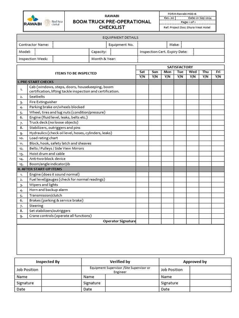Boom Truck Inspection Checklist | PDF | Crane (Machine) | Wheeled Vehicles