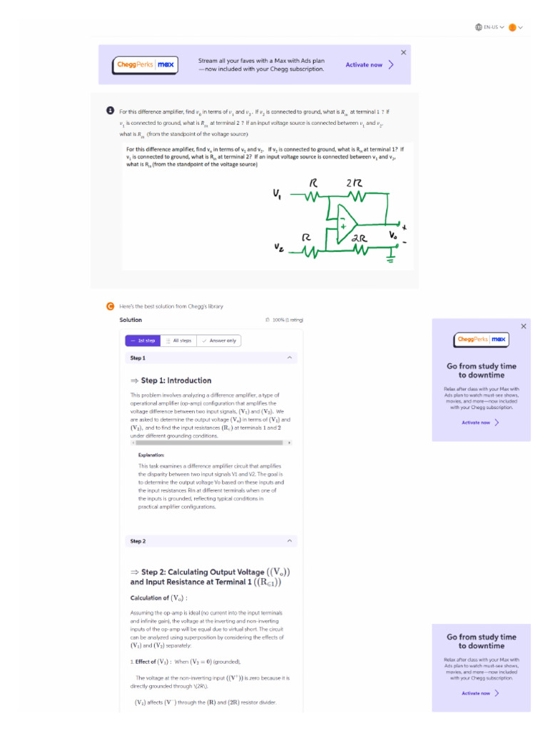Screencapture Chegg Homework Help Questions and Answers Difference Amplifier Find V 0 Terms V 1 ...
