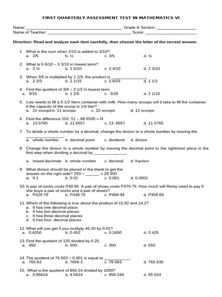 Math 6 Quarter 1 Exam | PDF
