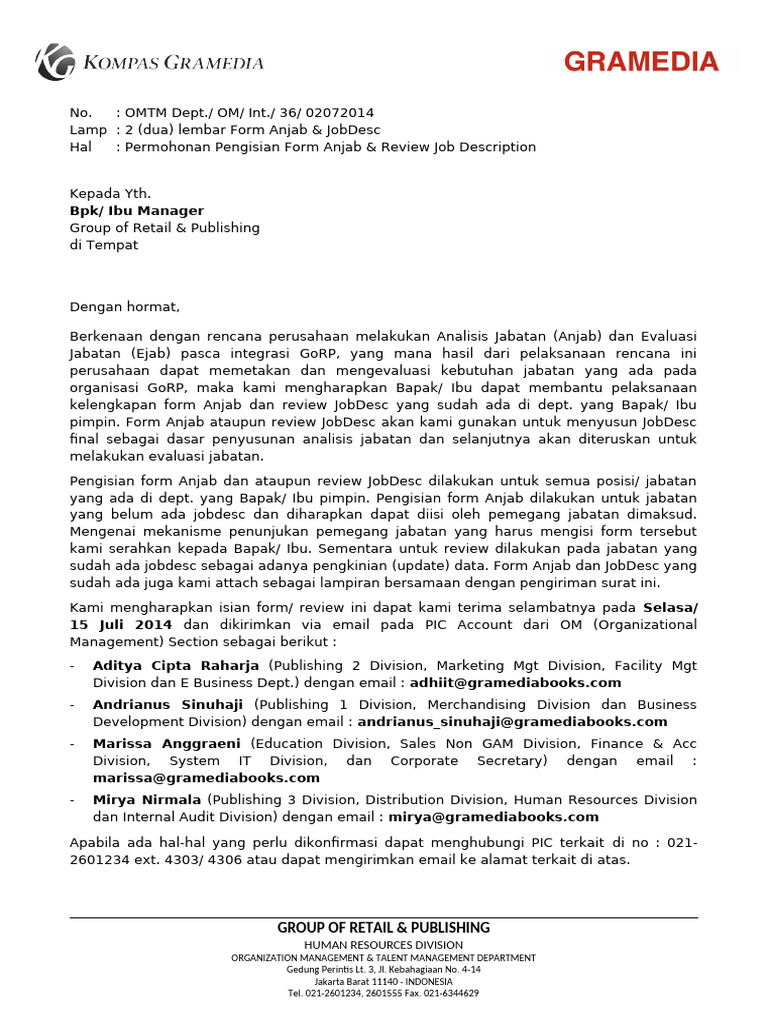 Surat Permohonan Pengisian Form Anjab & Review JobDesc - 02072014 | PDF