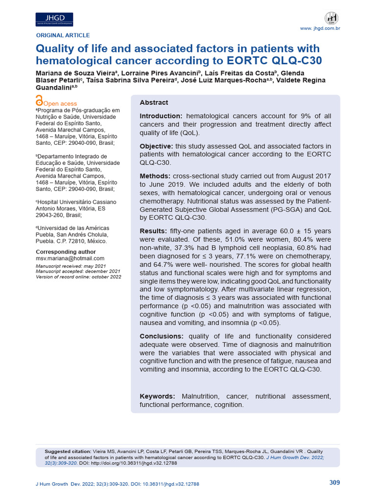 Quality of Life and Associated Factors in Patients With Hematological Cancer According To EORTC ...