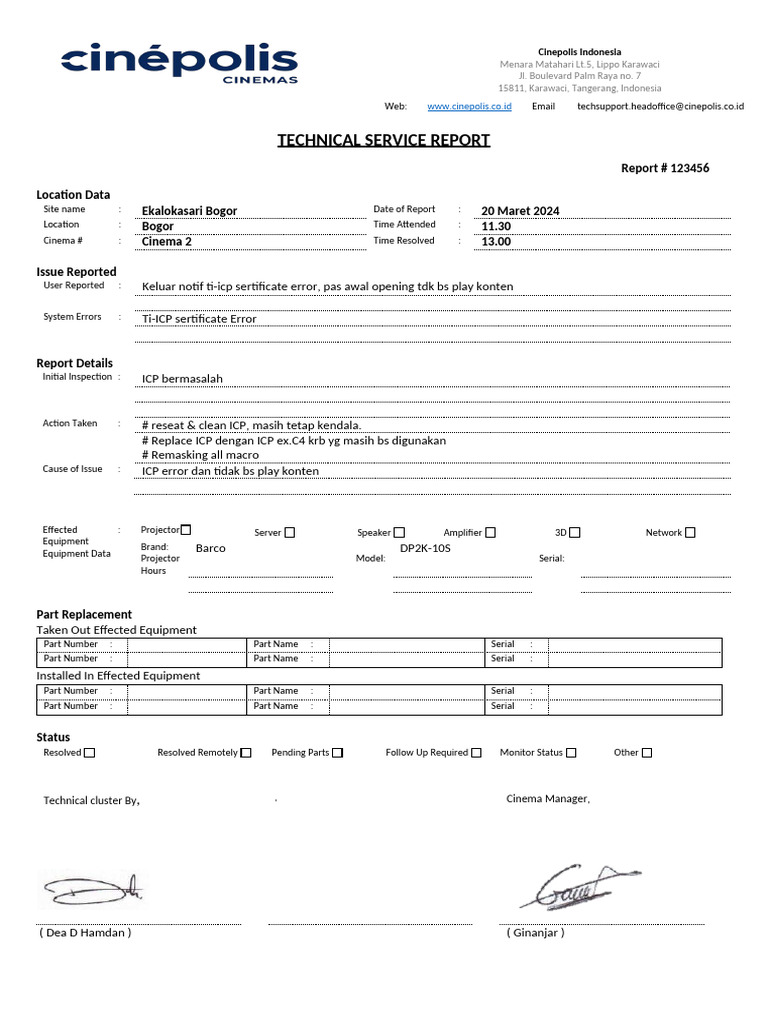 Technical Cluster Dea (Service Report) - Ekalos - 200324 | PDF
