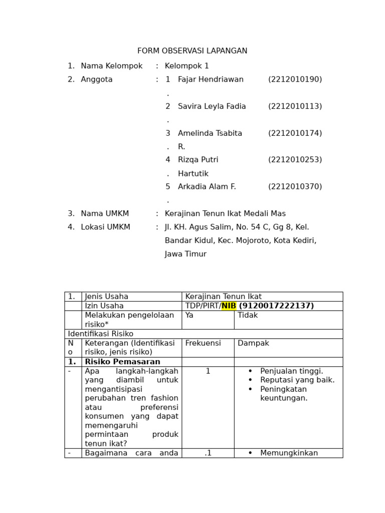 KEL 1 - FORM - OBSERVASI - LAPANGAN - Progress 3 | PDF | Karier ...