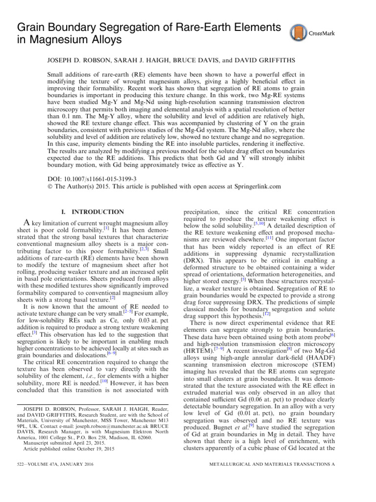Grain Boundary Segregation of Rare-Earth Elements in Magnesium Alloys | PDF