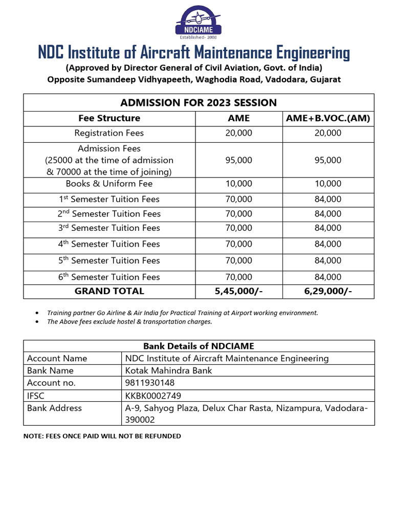 NDC Fee Structure 2023 | PDF