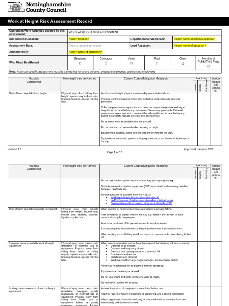 Work at Height Risk Assessment Record | PDF