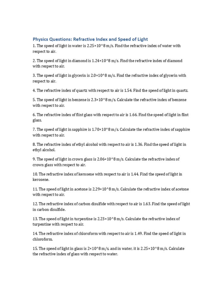 Physics Questions Refractive Index | PDF | Art