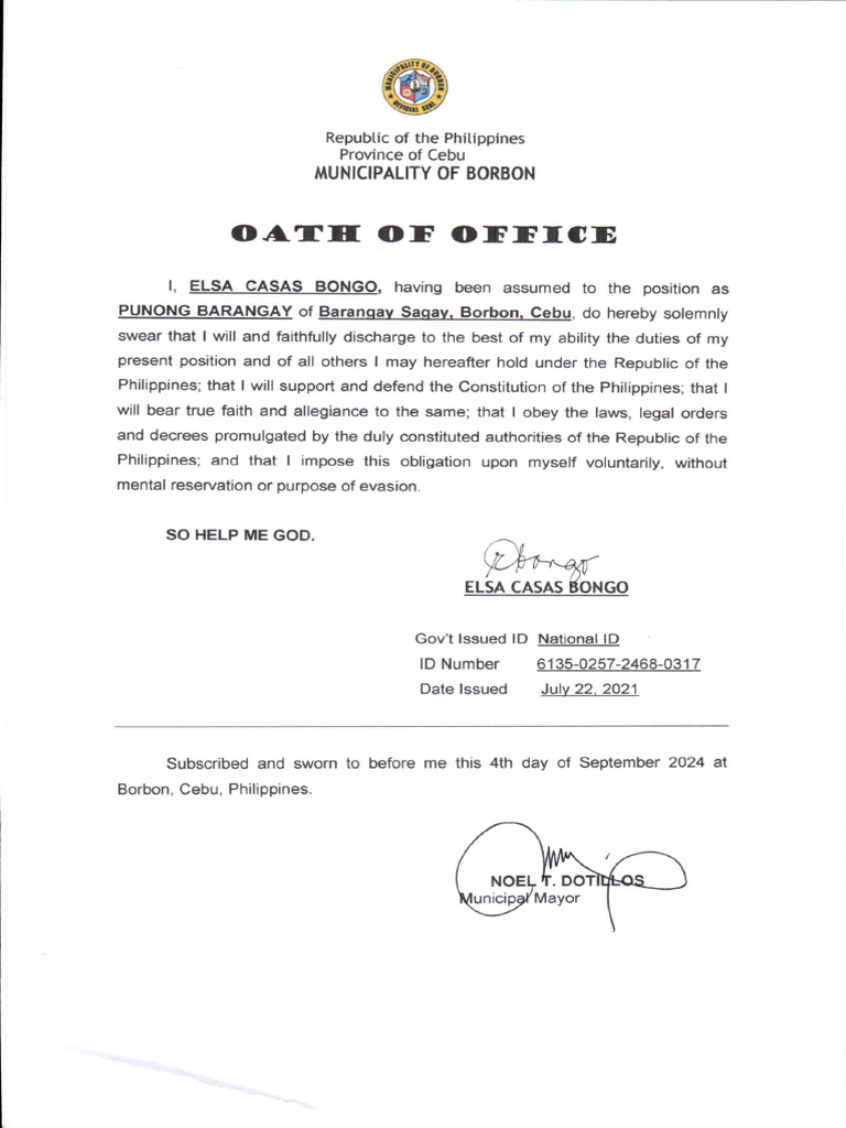 Oath of Office Punong Barangay | PDF