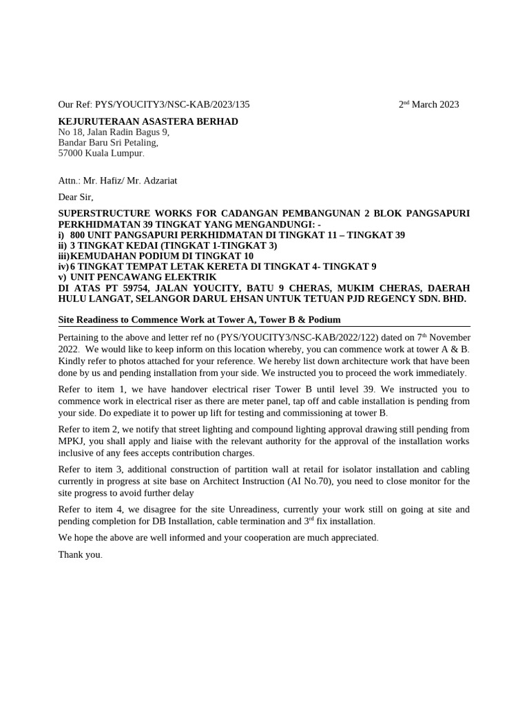 Site Readiness To Commence Work at Tower A, Tower B & Podium | PDF