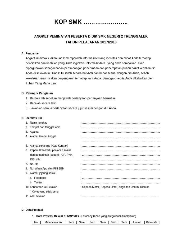 Angket Peminatan Bimbingan Konseling (SMK) | PDF