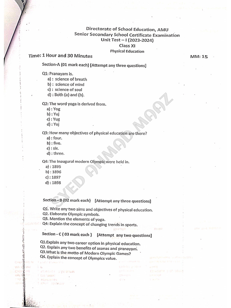 Physical Health Education PYQ of UT-1 | PDF Physical Health Education PYQ of UT-1 | PDF
