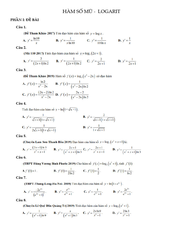 Hàm Số Mũ - Logarit - Đạo Hàm (Bài Tập) | PDF