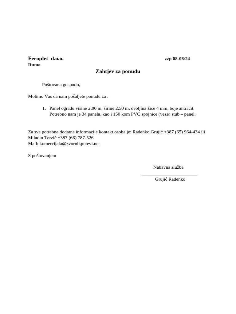 Feroplet D.O.O. Zahtjev Za Ponudu: ZZP 08-08/24 Ruma | PDF
