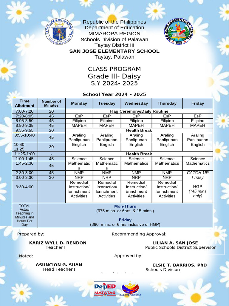 Grade 3 CLASS PROGRAM SY 2024-2025 | PDF