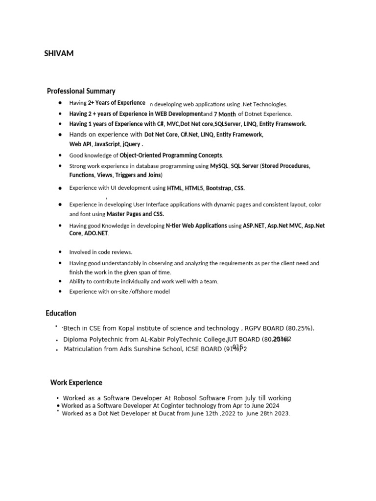 Shivam - Dot Net - Resume | PDF