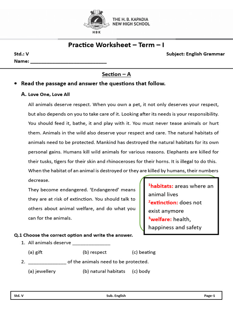 Grade - 5 - English Gra - Practice Ws - Term - 1 | PDF