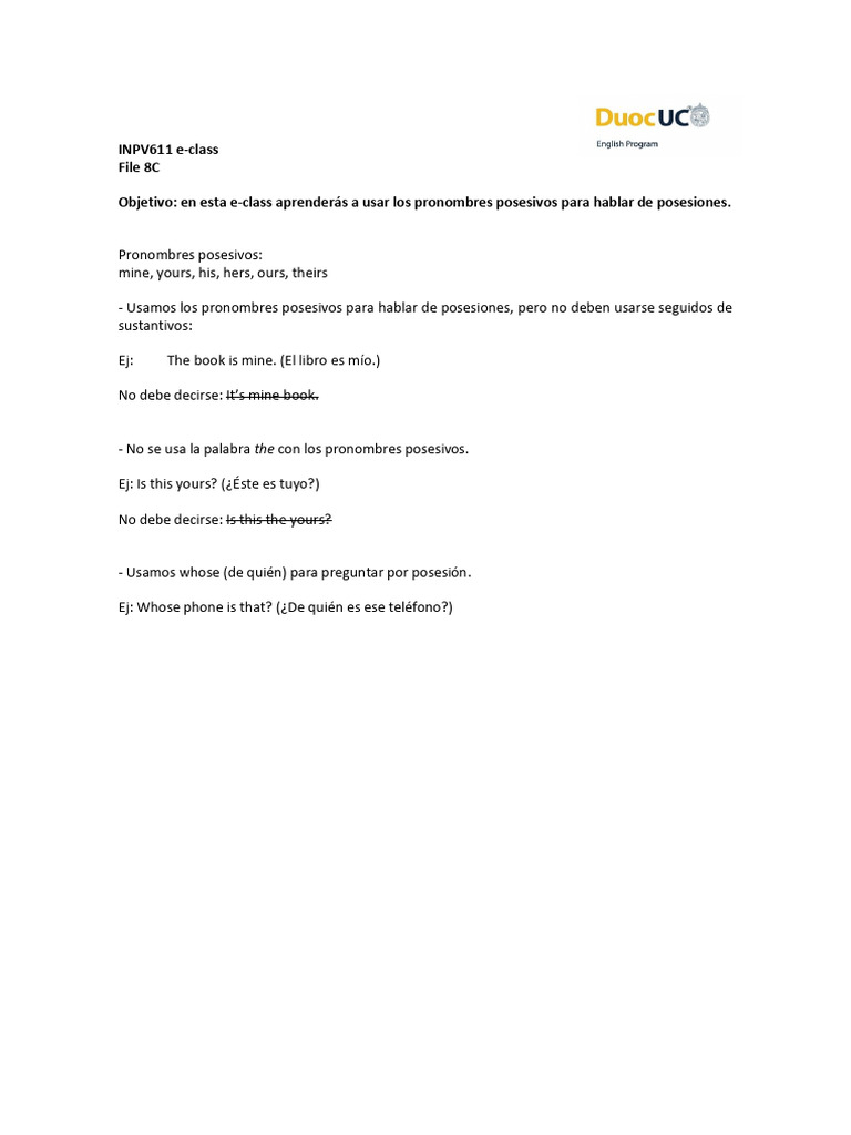 Lesson 8C pronombres posesivos | PDF