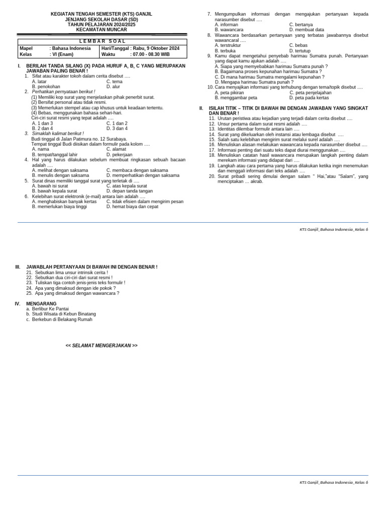 Soal KTS B. Indonesia I Kelas 6 | PDF