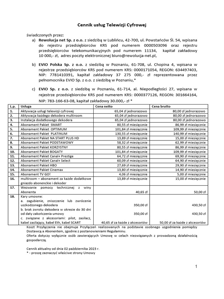 Cennik Evio TV 2024 | PDF