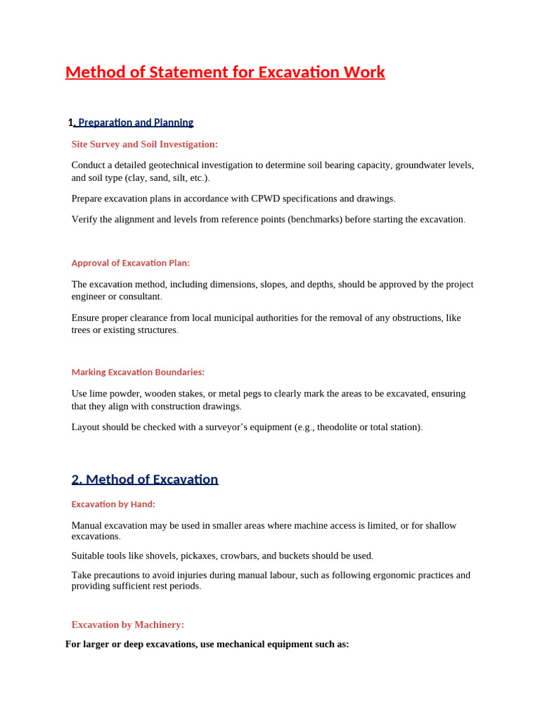 Method of Statement for Excavation Work | PDF