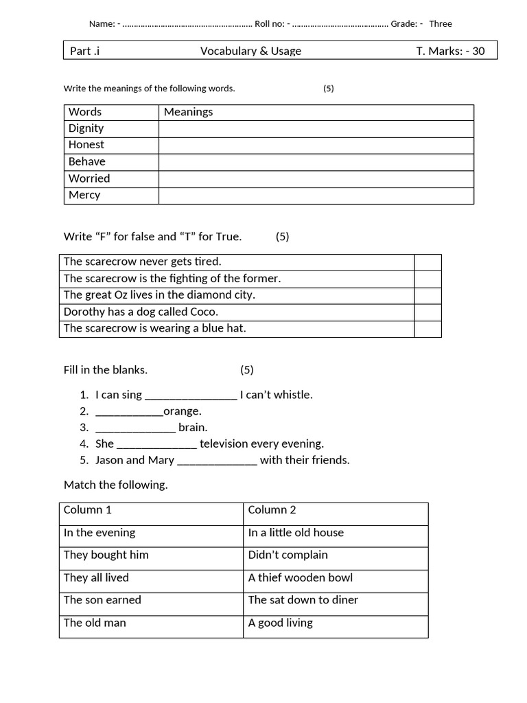 English Paper gr3 | PDF | Grammatical Gender | Games & Activities