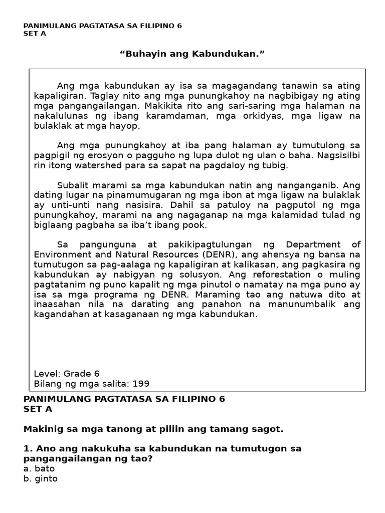 Panimulang Pagtatasa Sa Filipino 6-Kabundukan | PDF