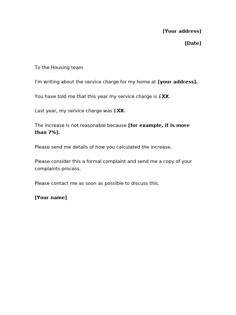 Letter Template Complain About Service Charge Increase | PDF