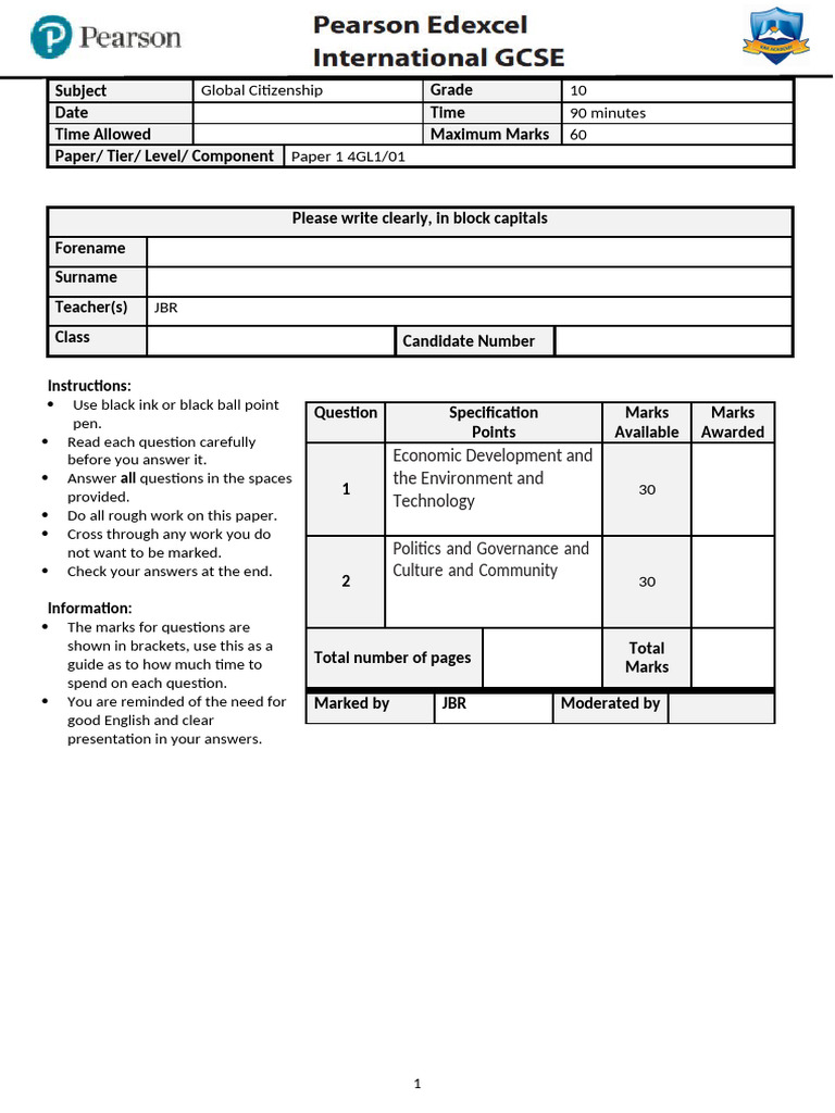 Pearson Igcse Exam Template 1 Pdf