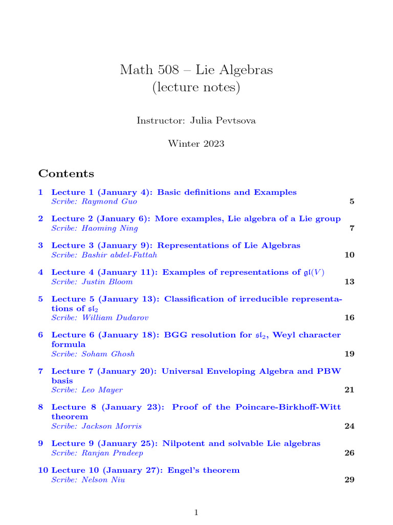 Lie Algebras UW2023 | PDF | Representation Theory | Lie Algebra