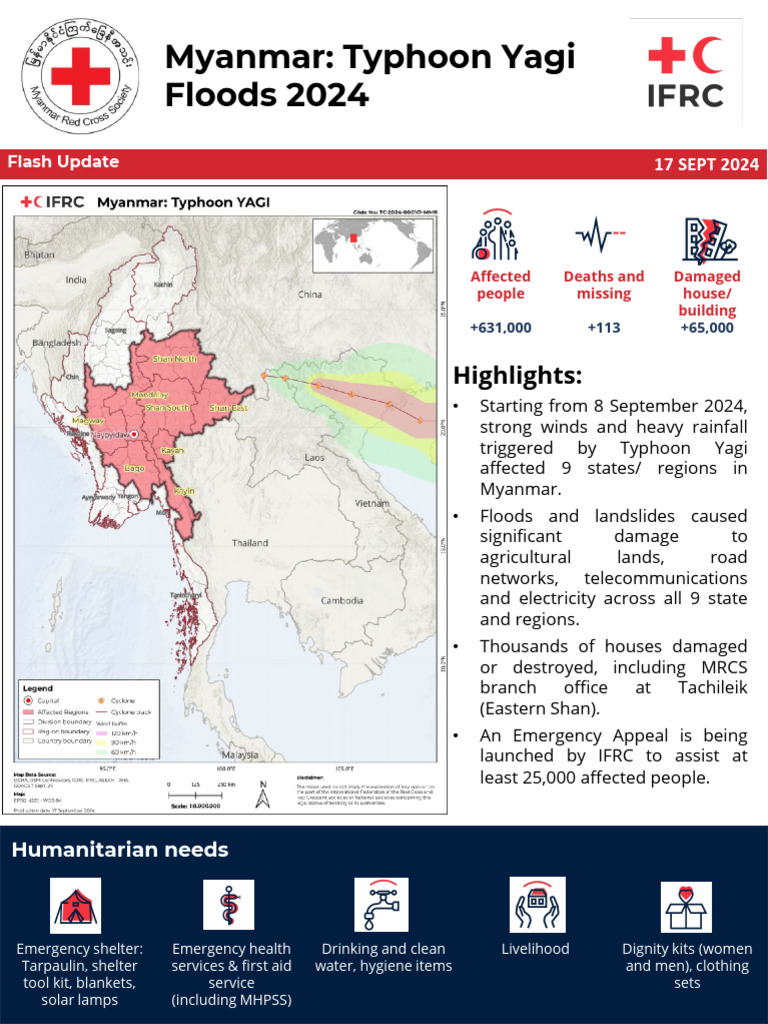 Flash Update Myanmar Typhoon Yagi Floods 2024 MRCS-IFRC 17sep2024 | PDF