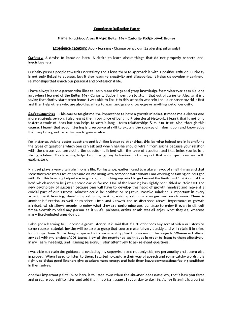 Experience Reflection Paper - Khushboo Arora | PDF