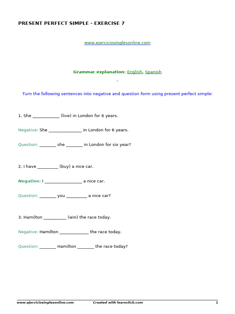 Present Perfect Simple Exercise 7 | PDF