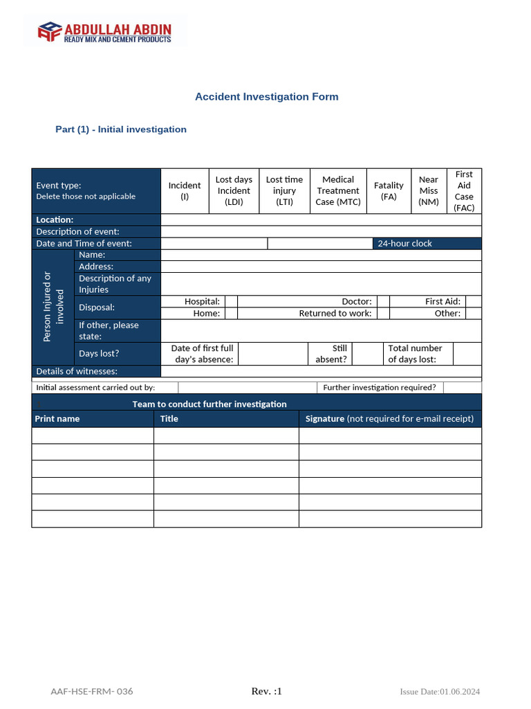 AAF-HSE-FRM-036-Accident Investigation Form-Rev-001 | PDF