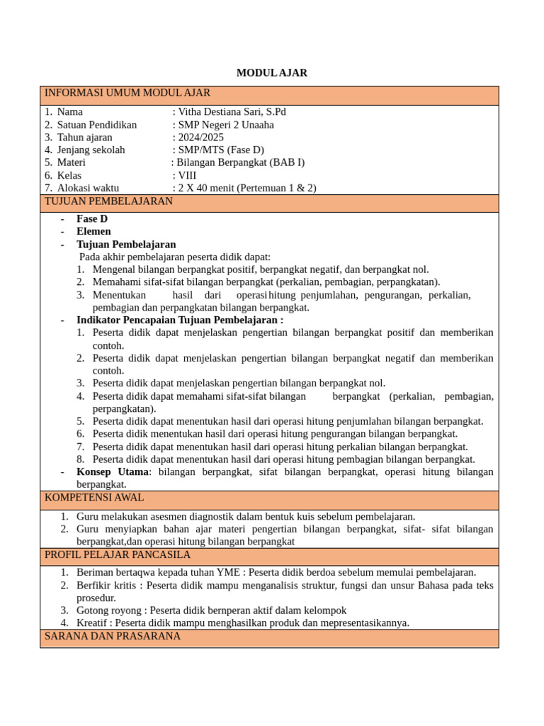 Modul Ajar Bab 1 Bilangan Berpangkat Kelas 8 | PDF