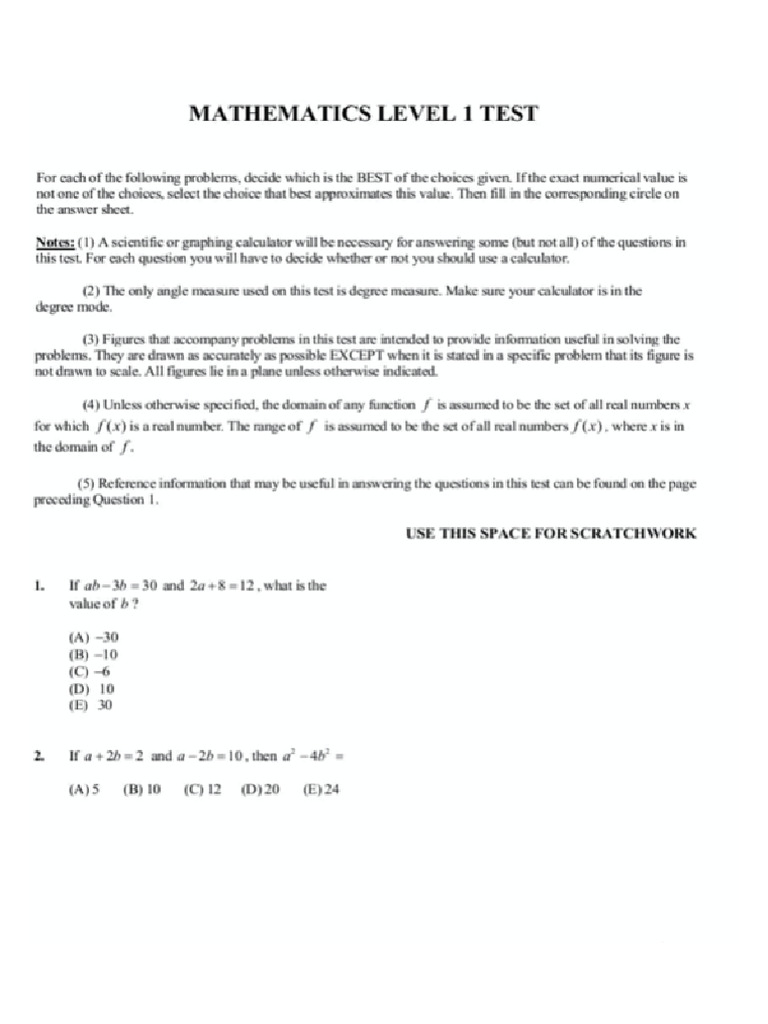 SAT Math Level 1 Test 1 | PDF