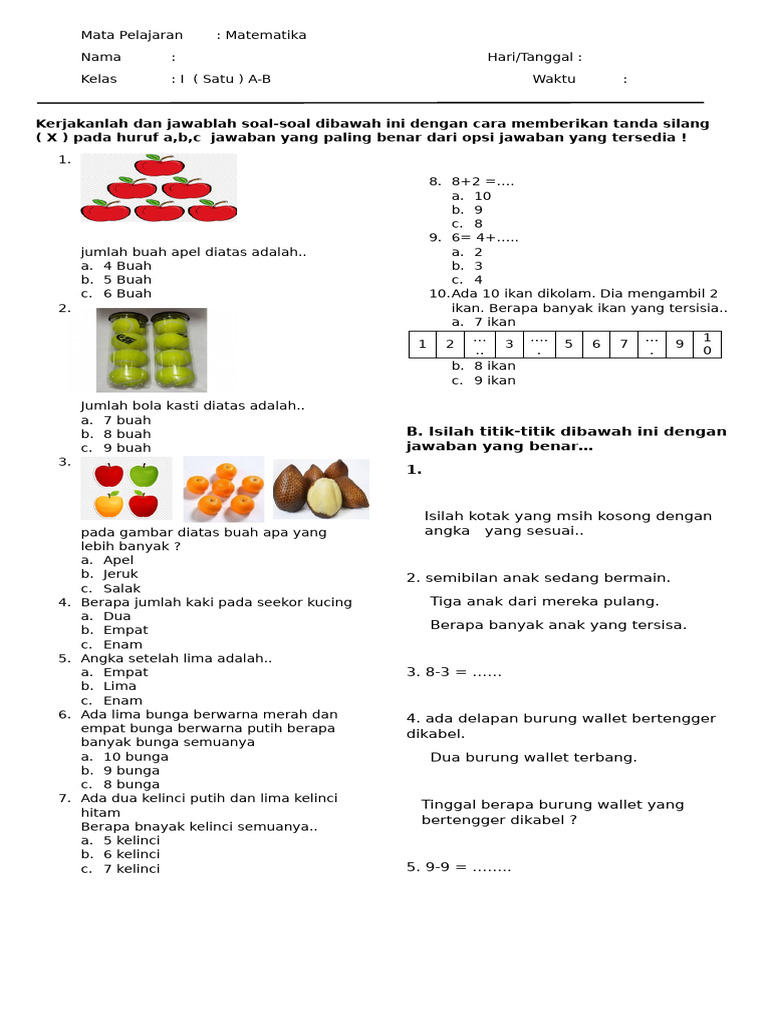 Soal MTK Kls 1 Ganjil | PDF