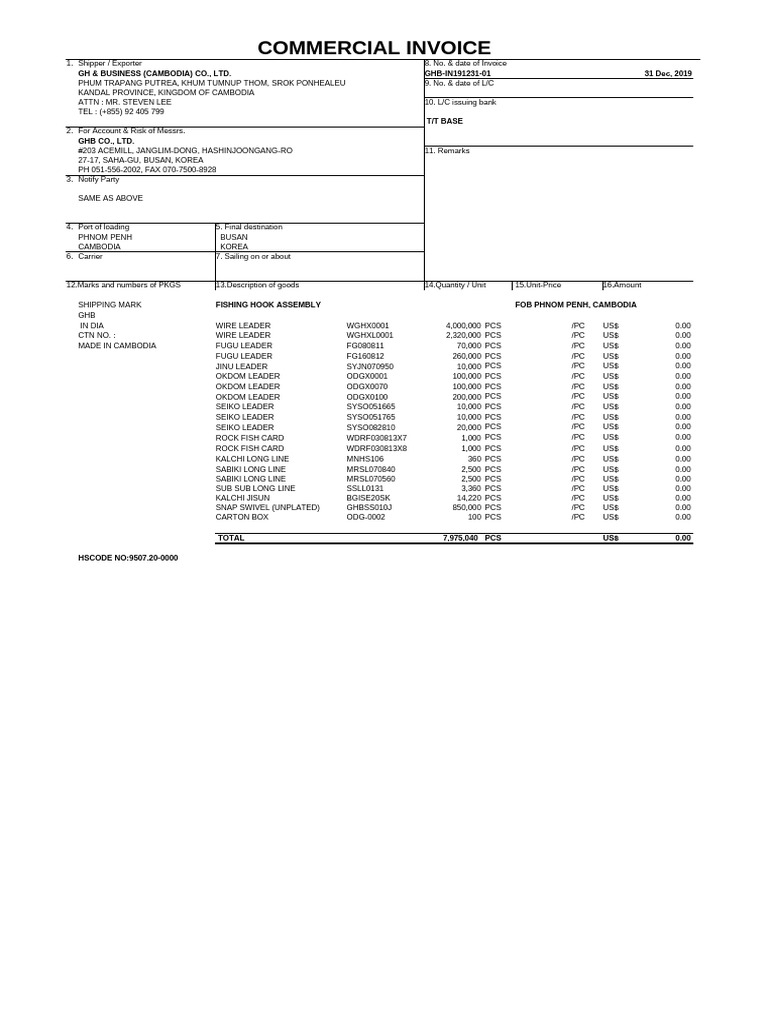 Draft Invoice and Packing List (GHB-IN191231-01) | PDF