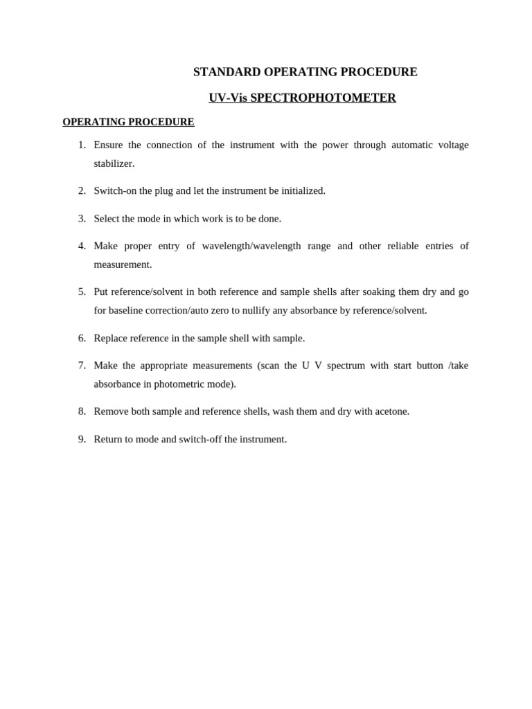 Standard Operating Procedure Uv-Vis Spectrophotometer | PDF