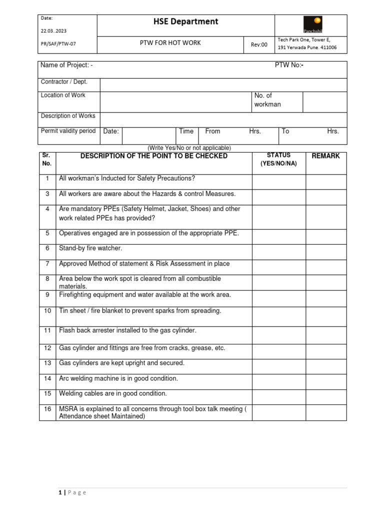 PTW for Hot Work | PDF