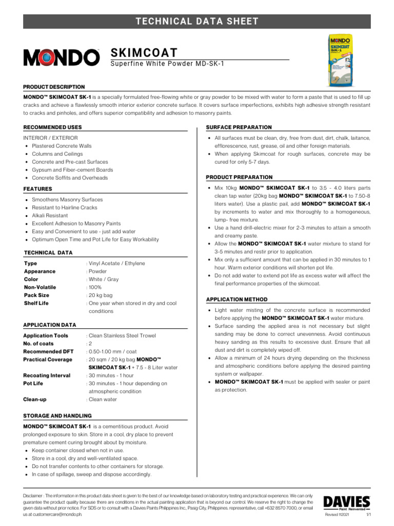 TDS-MD-SK-1 - Skimcoat Superfine White Powder | PDF
