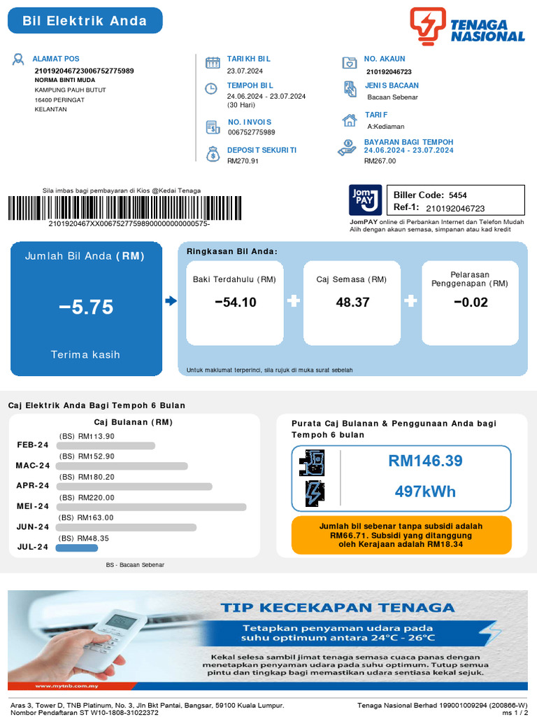 Bill TNB July 2024 | PDF | Malaysia | Power (Physics)