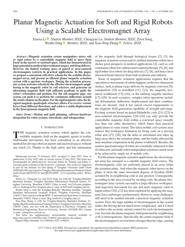 Planar Magnetic Actuation For Soft and Rigid Robots Using A Scalable Electromagnet Array | PDF