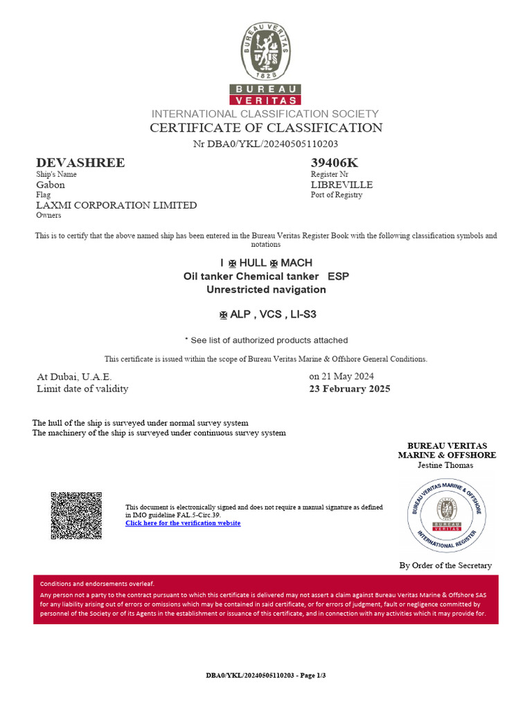 Certificate of Classification: Devashree 39406K | PDF