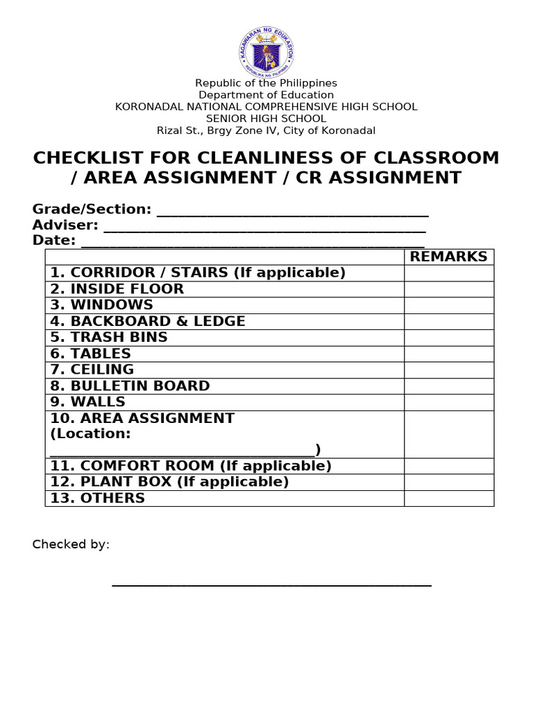 Cleanliness Checklist | PDF