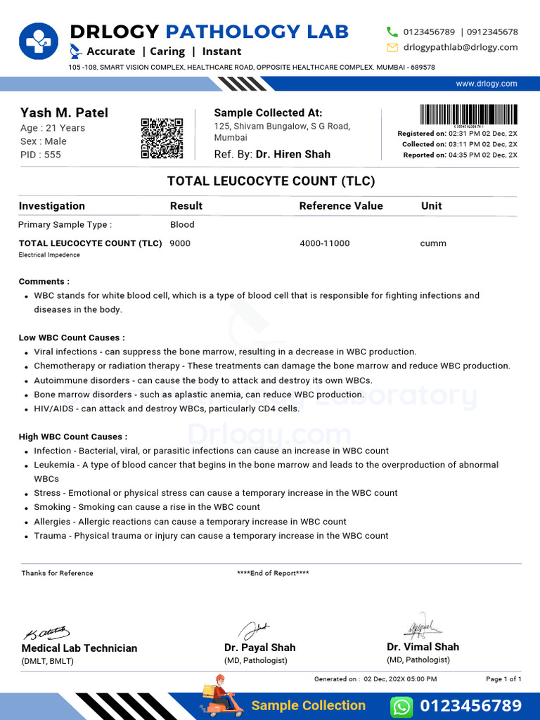 TOTAL LEUCOCYTE Count TLC Test Report Format Example Sample Template ...