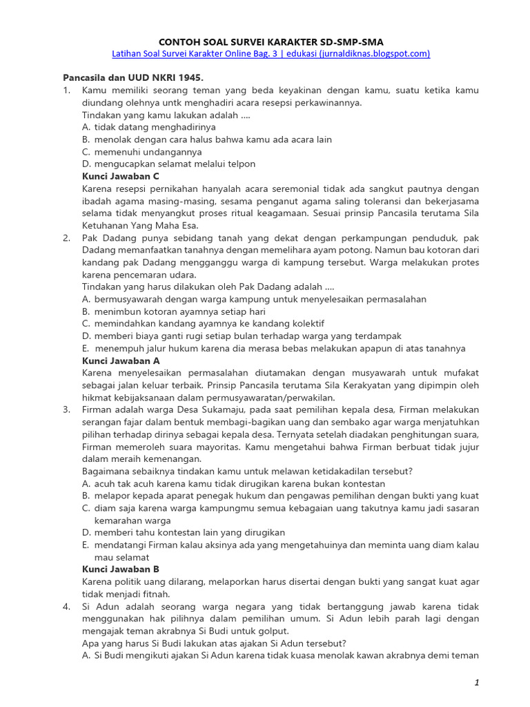 Contoh Soal Survei Karakter SD | PDF