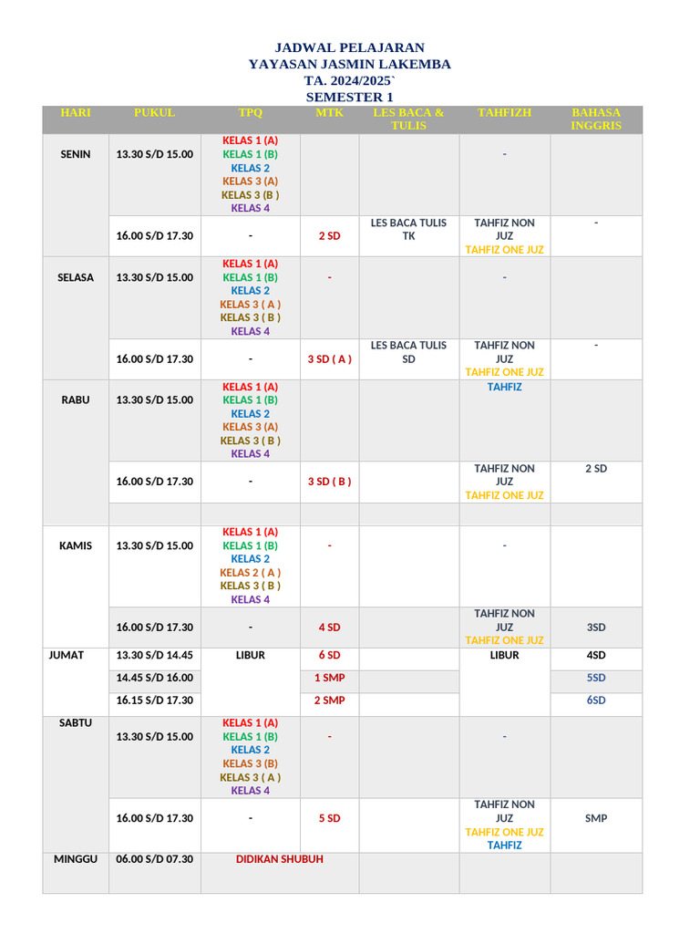 JADWAL PELAJARAN Semester 1 & 2 TA 2024-2025 | PDF