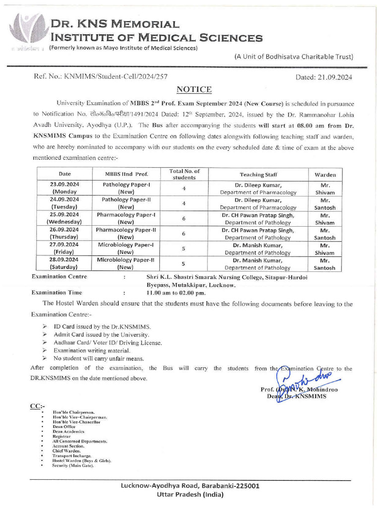 MBBS 2nd Prof. Exam September 2024 New Course (College Transportation ...