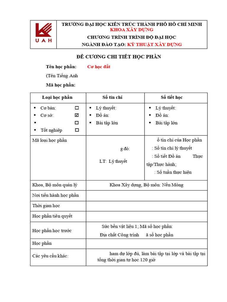 MAU 23b DE CUONG CHI TIET HP THEO AUN - CO HOC DAT - 20201106 - 60T | PDF