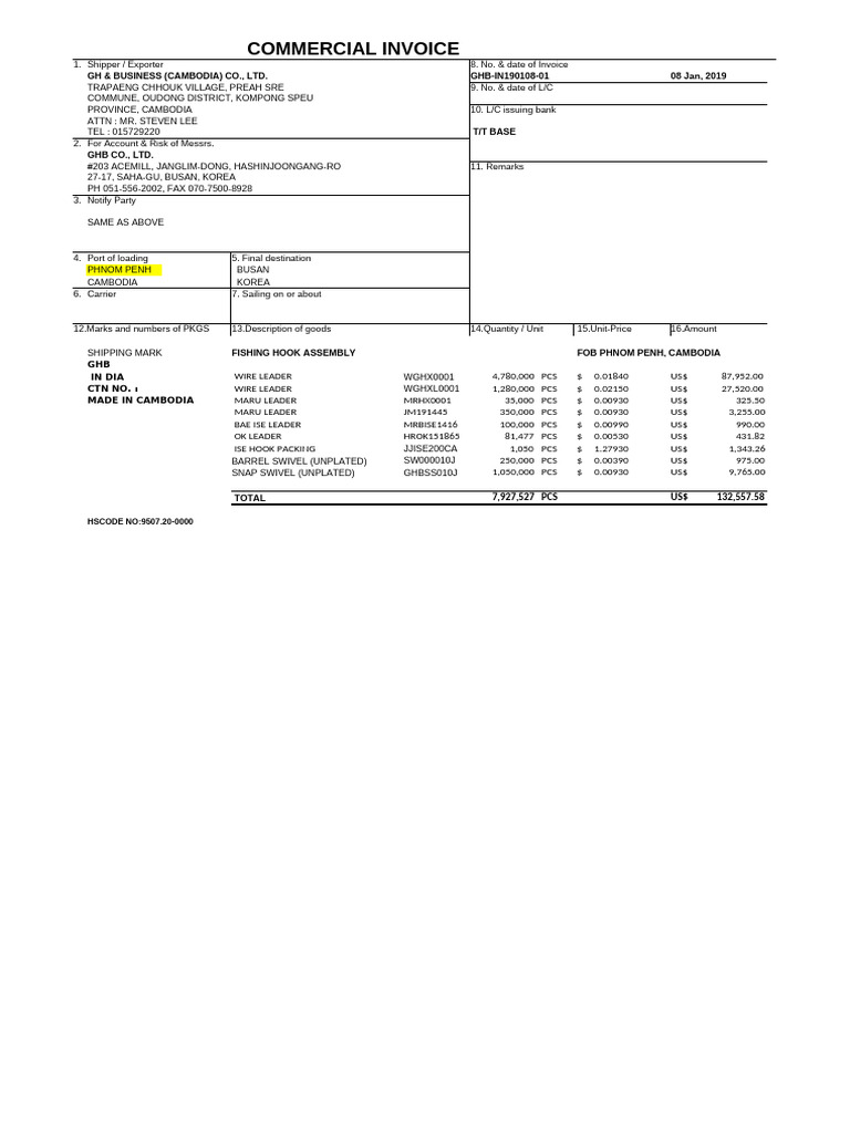 Final Inv and PL (GHB-IN190108-01) | PDF